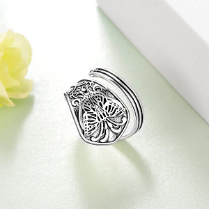 CVRAVO Vintage Butterfly Spoon Ring 925 Sterling Silver Adjustable Oxidized Spoon Rings Wrap Around Open Ring Thumb Statement Jewelry for Women Mom