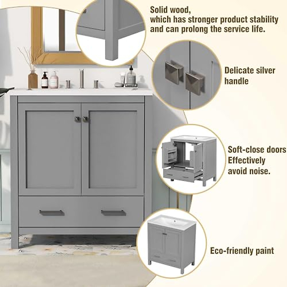 RIDFY 30" Bathroom Vanity with Sink, Modern Combo Cabinet Undermount Sink with 2 Doors and Drawer, Multifunctional Storage, Freestanding Single Basin Vanity, Solid Wood Frame (Grey)