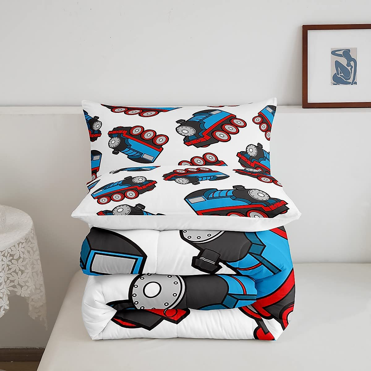 Train Bedding Set Kids Cartoon Car Comforter Set Boys Girls Train Travel Decor Comforter Microfiber Train Construction Red Blue Duvet Set Bedroom Quilt Set Full Size