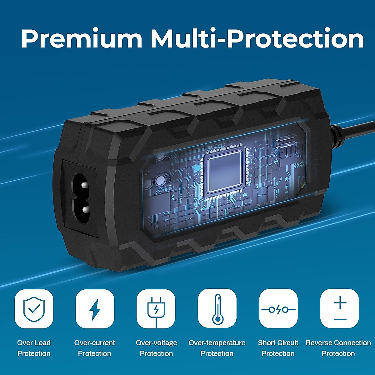 RoyPow 12V Battery Charger 3-Amp Automatic Smart Battery Maintainer, Trickle Charger, and Battery Desulfator with Alligator Clamp and Ring Terminal
