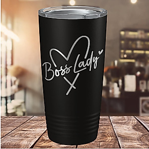 Boss Lady Big Heart Tumbler Birthday Gifts for Women, Coworker, Boss on Black 20 oz Stainless Steel Insulated Cup with Lid - Travel Mug for Mom