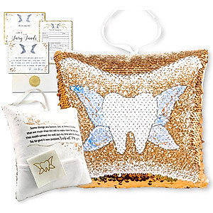 Tooth Fairy Pillow Kit for Girls and Boys - Tooth Fairy Evidence Kit with Tooth Fairy Bag - Multi Color Reversible Sequin and Large Pocket - Tooth Pillow with Letter & 2 Customizable Certificates