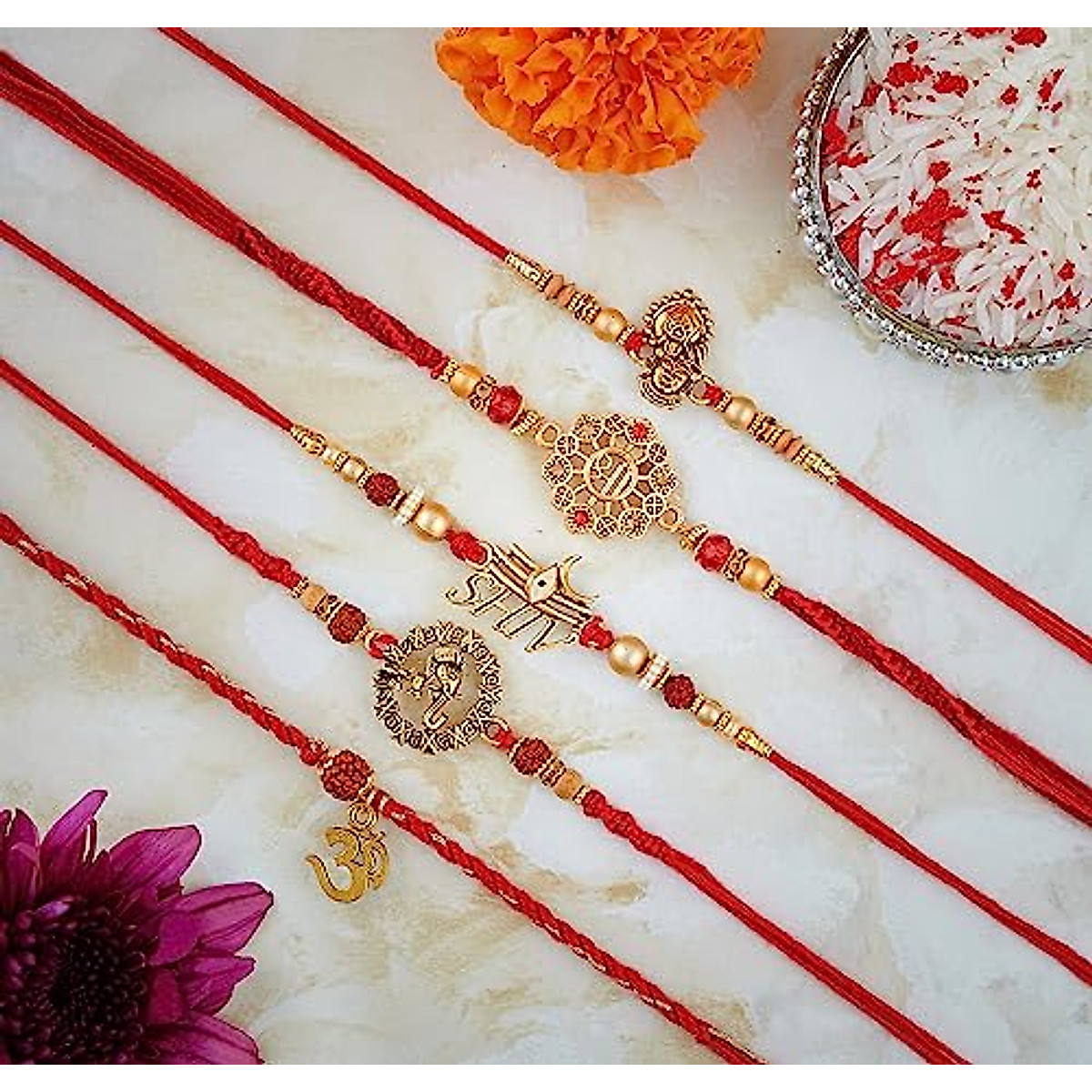Eximious India Set of 5 Rakhi For Brother With Card Metal Pendant For Raksha Bandhan Designer Rakhi Thread for Bhaiya (Set of 5-3)