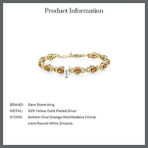 Gem Stone King 18K Yellow Gold Plated Silver Orange Red Madeira Citrine Tennis Bracelet For Women (8.00 Cttw, Gemstone Birthstone, 7 Inch With 1 Inch Extender)