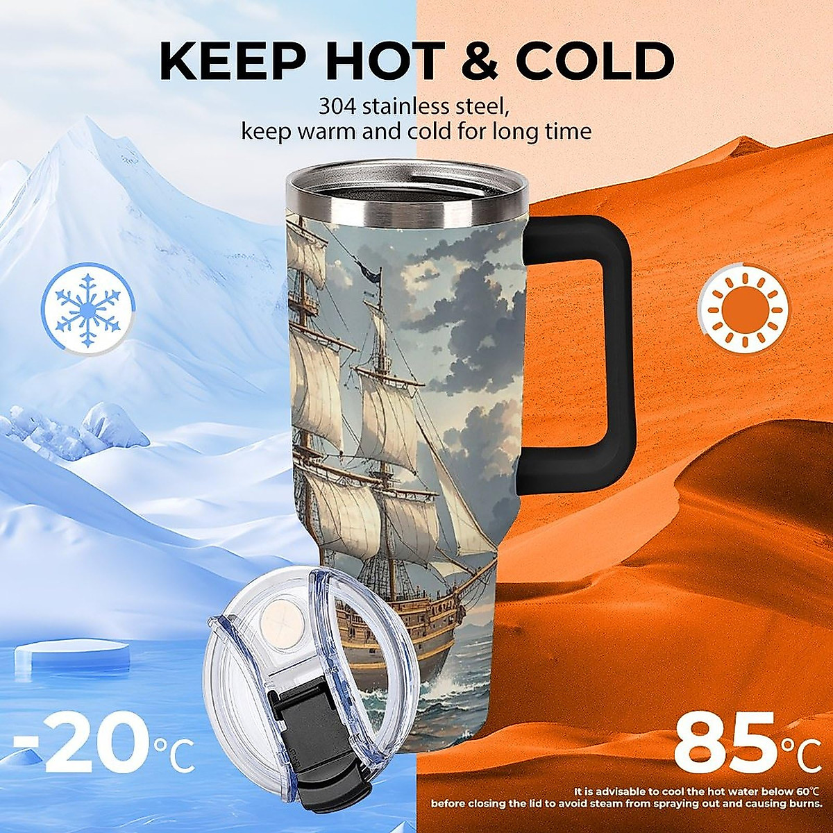 Nautical Sailing Pirate Ship 40 Oz Stainless Steel Tumbler with Handle & Straw Double-Walled Vacuum Insulated Travel Mug for Hot/Cold Drinks, Reusable Thermal Cup for Car Cup Holder