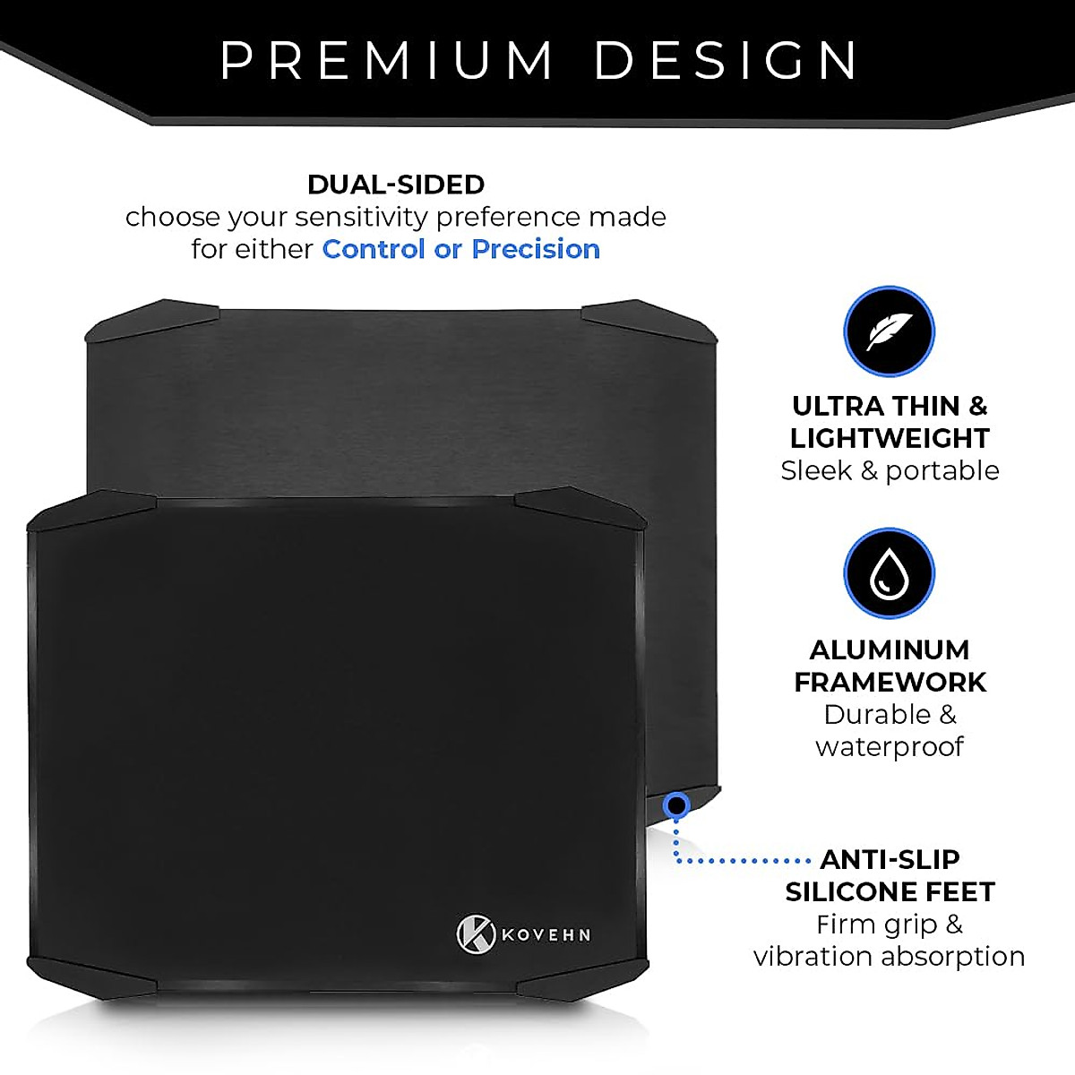 KOVEHN Dual-Sided Aluminum Hard Mouse Pad (L) - Non-Slip Silicone Feet - Strong and Durable Dual Surface Mousepad for Office and Gaming (Jet Black)