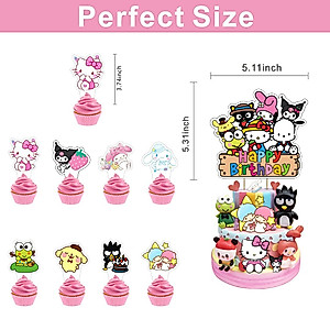 25Pcs Kitty and Friends Cake Topper and Cupcake Toppers Set, Cinnamoroll Kuromi and My Melody keroppi Birthday Party Supplies for Kawaii Themed Birthday Cake Decorations
