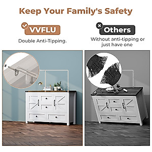 VVFLU Farmhouse White Dresser for Bedroom with 4 Drawers and 2 Barn Doors, White Wood Chest of Drawers 47 Inch Wide, Large, Long, Adjustable Shelves, 5 Legs, Living Dining Room, Entryway, Hallway