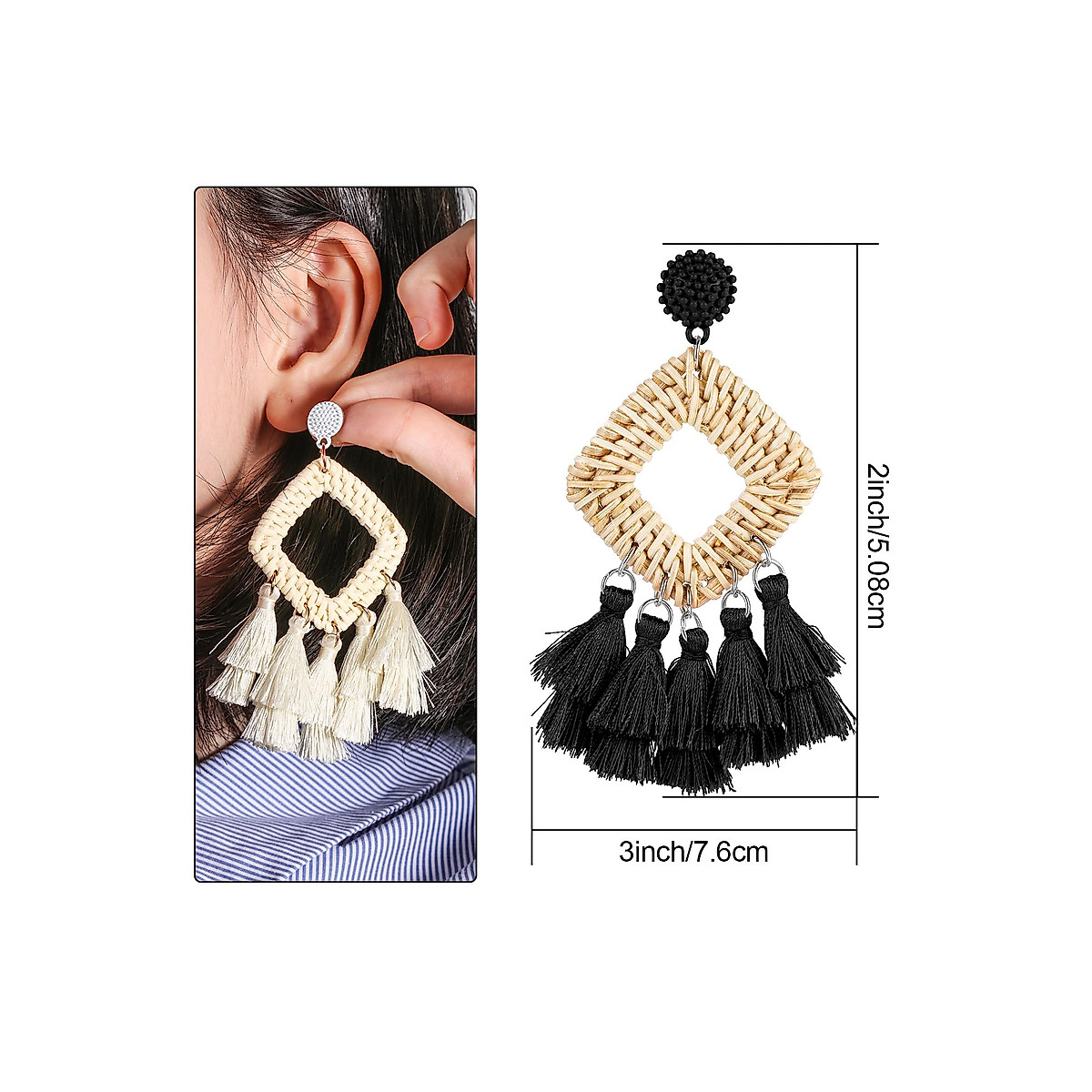 meekoo 2 Pairs Rattan Tassel Earrings Bohemian Statement Woven Dangle Fringe Earrings Ethnic Tassel Drop Earrings Vintage Jewelry for Women (Black and White)