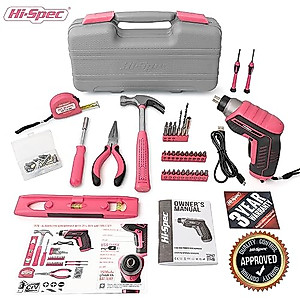 Hi-Spec 35pc Pink tool kit with 3.6V USB Electric Screwdriver and drill set. Complete women tool set