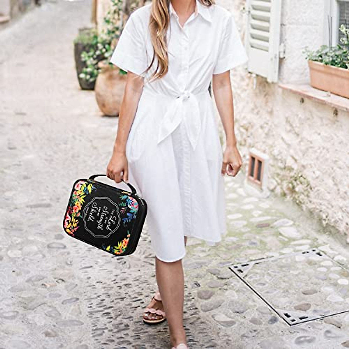 Floral Bible Cover w/A Bookmark, FINPAC Carrying Book Case Church Bag Bible Protective with Handle and Zippered Back Pocket, Perfect Gift for Girls Women Mother Kids (Black)