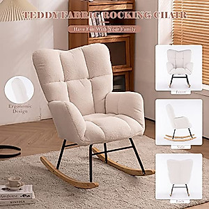 Polaris Garden Nursery Rocking Chair, Modern Teddy Fabric Nursing Chair for Mom and Baby, Accent Upholstered Rocker Glider Chair with High Backrest for Nursery Bedroom Living Room (Ivory White)
