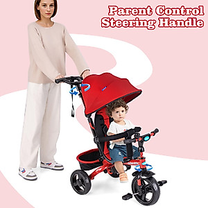 INFANS Kids Tricycle, 6 in 1 Stroll Trike with Adjustable Push Handle, Removable Canopy, Retractable Foot Plate, Lockable Pedal, Detachable Guardrail, Suitable for 10 Months to 5 Years (Red)