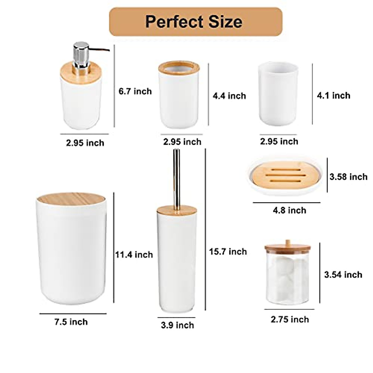 Bathroom Accessories Set, Set of 8 Piece Plastic Gift Set Toothbrush Holder,Toothbrush Cup,Soap Dispenser,Soap Dish,Toilet Brush Holder,Trash Can,Cotton Swab can for Bathroom (White bamboo-8pcs)