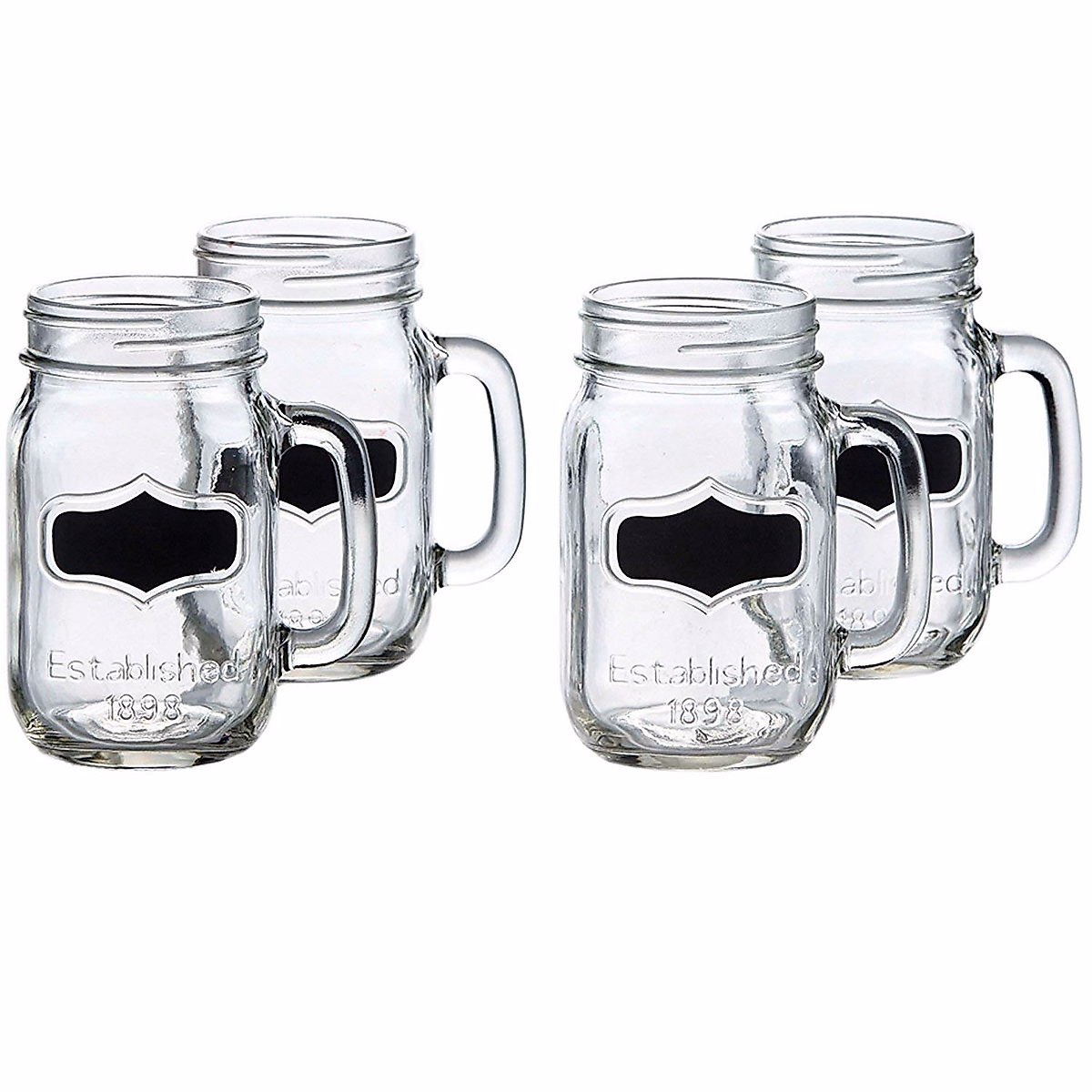 Circleware Yorkshire Glass Mason Jar Mugs with Chalkboard and Handle, Set of 4, Heavy Base Fun Entertainment Glassware Drinking Beverage Cups for Water, Beer, Juice & Bar Decor, 17.5 oz, Clear