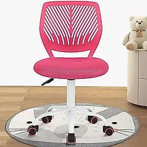 Desk Chair Armless Small Study Chairs Armless for Child Kids Teens, Ergonomic Swivel Rolling Lightweight Task Chair with Wheels and Mesh Padded Cushion, Pink