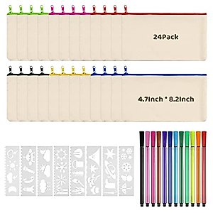QUEEN KING 44 Pieces Blank Craft DIY Canvas Bags, 24pcs Canvas Zipper Pouch Bags and 8pcs White Template with 12pcs Watercolor Pens, Canvas Pencil Pouch Canvas Makeup Bags for Girls Teens (4.7*8.3in)