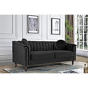 US Pride Furniture 75'' Mid-Century Modern Velvet Sofa Chesterfield Inspired Luxury 3 Seater Couch for Living Room with Removable Cushions and Turned Wood Legs, Black