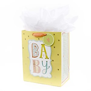 Hallmark 13" Large Gift Bag with Tissue Paper (B-A-B-Y, Yellow) for Baby Showers, New Parents and More
