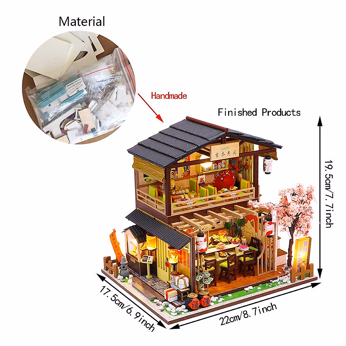 SYW DIY Miniature Dollhouse Kit with Furniture and LED Light，Japanese Sushi Shop Wooden Dollhouse, 1:24 Scale Creative Doll House Toys for Teen