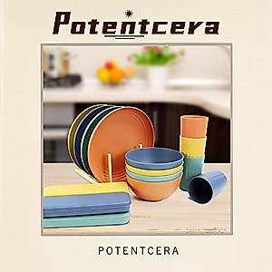 Wheat Straw Dinnerware Sets (28Pcs) POTENTCERA Microwave Dishwasher Safe Unbreakable Dinnerware, Kids Toddler Camping Plates Cups and Bowls Set Picnic Dishes Dorm Dishware Reusable Lightweight