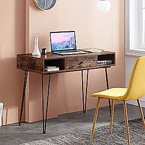 VECELO 39.3" Home Office Work Table with Drawers Computer Desk Writing/Study, 39 Inch Hairpin Legs, Retro Brown