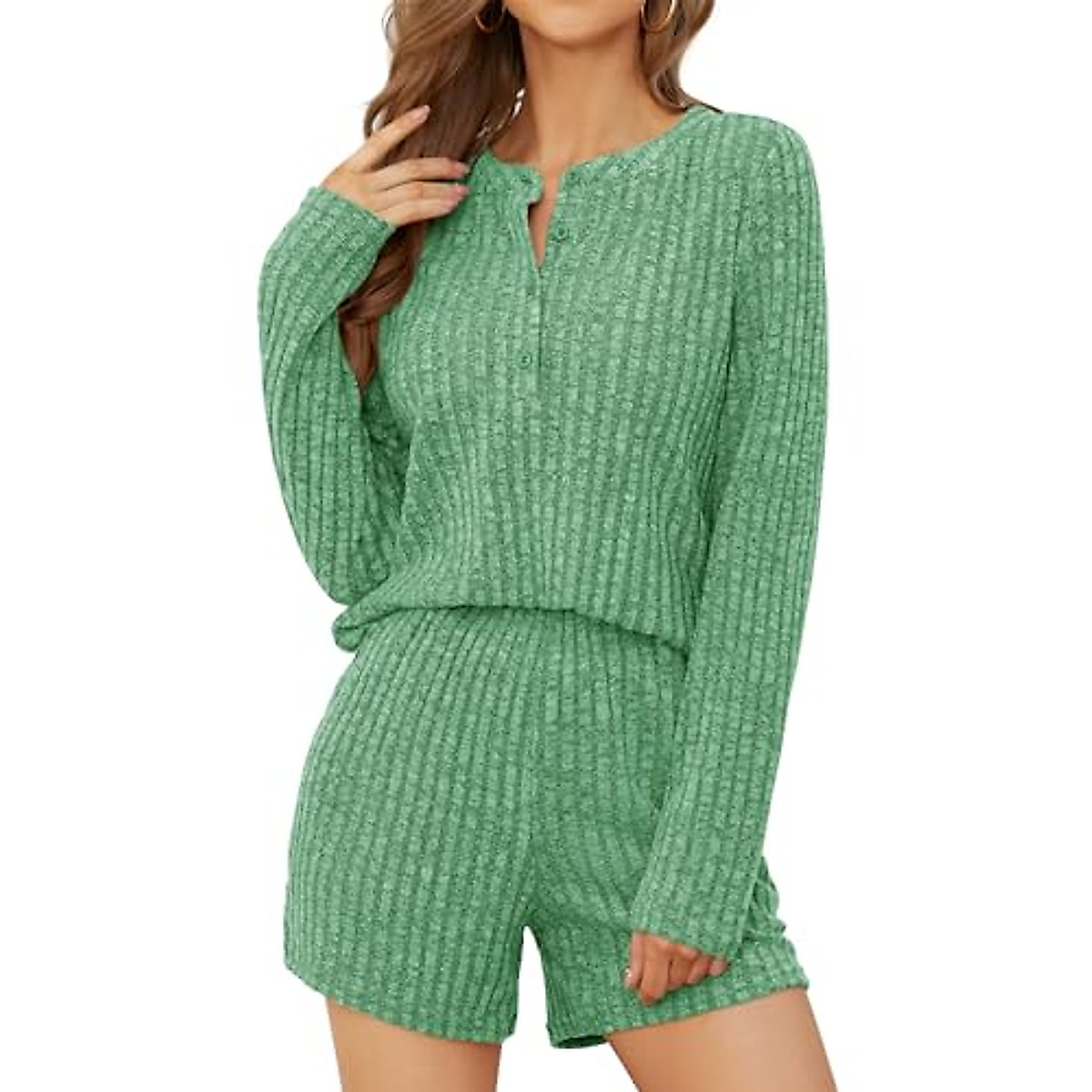 Micoson Womens Pajama Sets Fuzzy Long Sleeve Loungewear Soft Knit Button Top and Shorts 2 Piece Pj Set Sweatsuits for Gift Holiday Green M