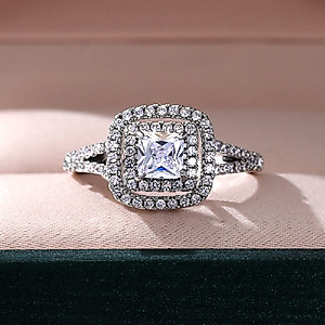 DCFSHEE Women's Classic Cushion Cut Cubic Zirconia CZ Halo Simulated Diamond Wedding Engagement Double Halo Ring (US size 8)