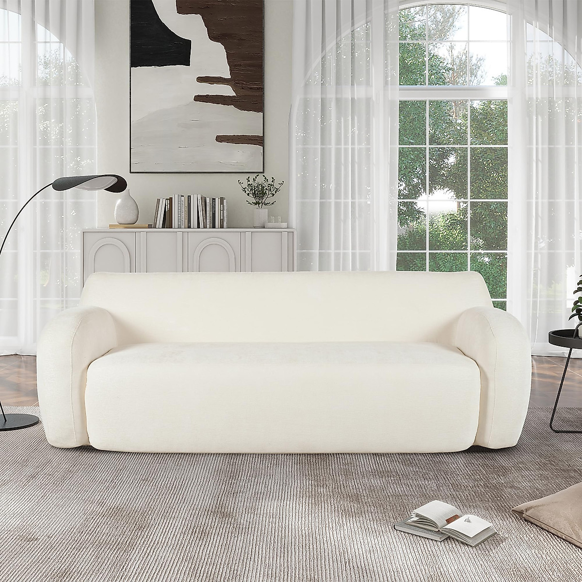 81.5'' Minimalist Curved Upholstered Sofa, Modern 3-Seat Modular Casual Sofa, Polyester Upholstered Couch for Living Room, Bedroom and Apartments (Beige-188J)