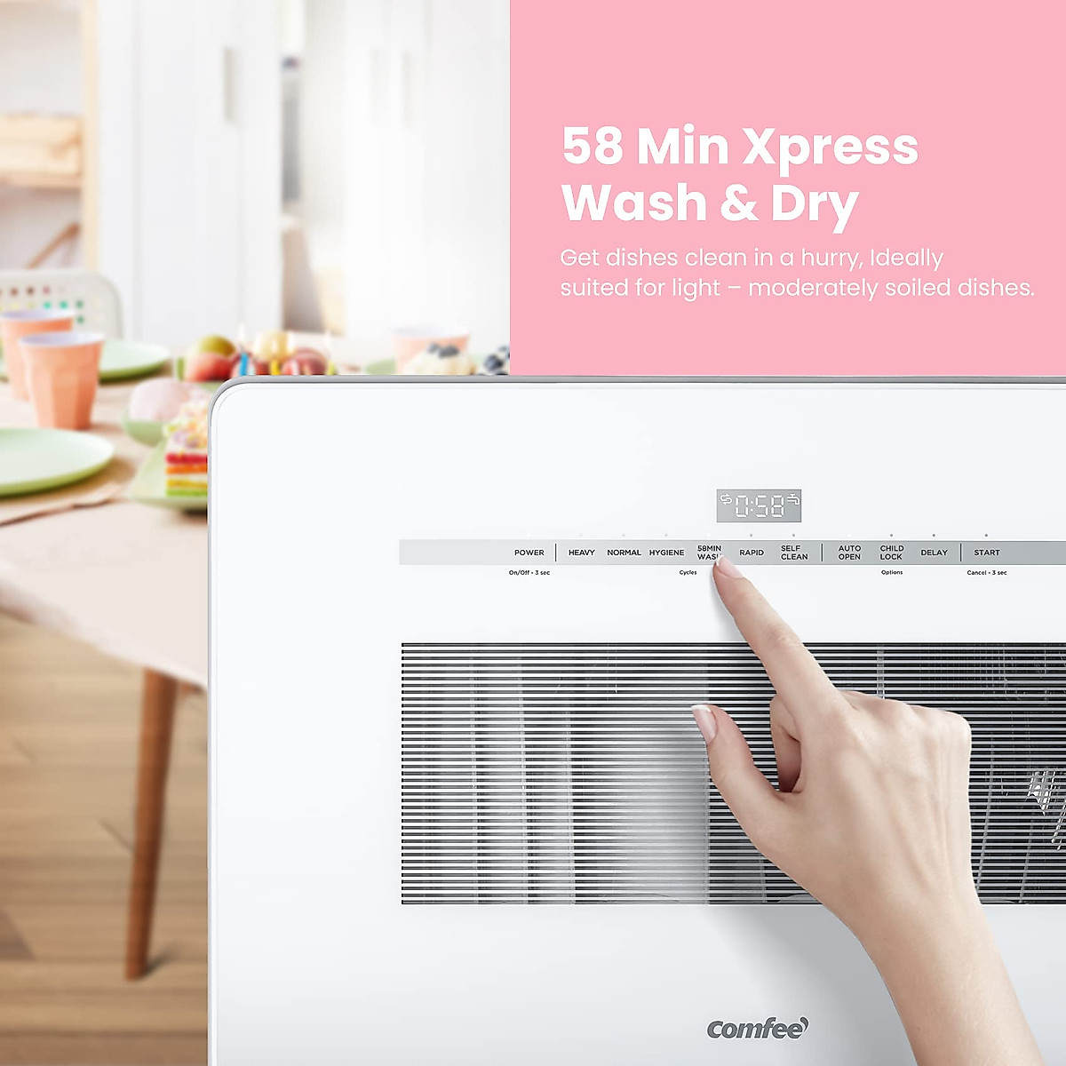 COMFEE' Portable Dishwasher, Countertop Dishwasher with 3 Place Settings, Mini Dishwasher with More Space Inside, 6 Programs, Auto-Open Drying, Touch Control, White