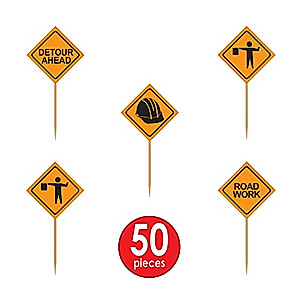 Beistle, 2 1/2-Inch, Orange/Black Construction Sign Food Picks