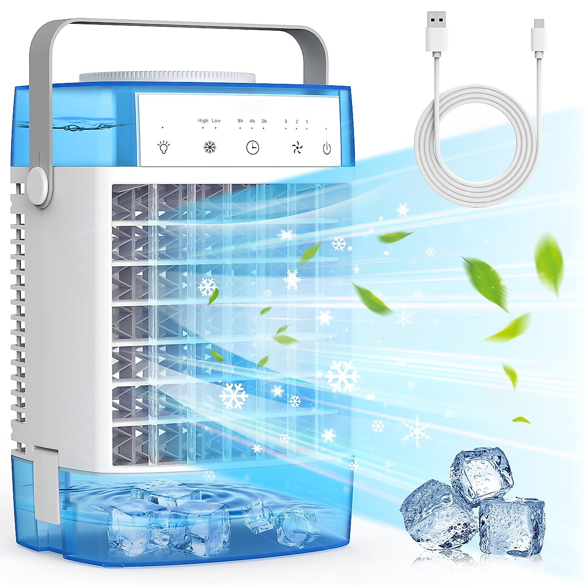 RCCVEI Portable Air Conditioners,3-Speed Small AC Unit, Evaporative Air Cooler with Timer function,7-Color Nightlight,Double Tank, 2 Mist modes,Personal Air Conditioner for Bedroom,Office,Room-Blue