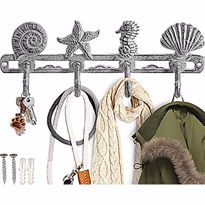 Comfify Vintage Seashell Coat Hook Hanger Rustic Cast Iron Wall Hanger w/ 4 Decorative Hooks - Includes Screws and Anchors - in Antique White - Beach House Decor - Antique White