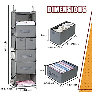 Bosuelife 6-shelves Hanging Closet Organizer with 5 Different Drawers, Foldable Closet Organizers and Storage for Wardrobe, Closet& RV, Clothes and Accessories Storage, Non-woven fabric, Gray