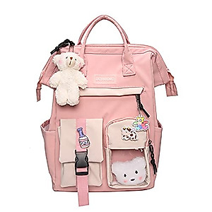CM C&M WODRO Kawaii Backpack for Girls Women with Pin Bear Accessories Cute College High School Backpack Laptop Bookbag Pink