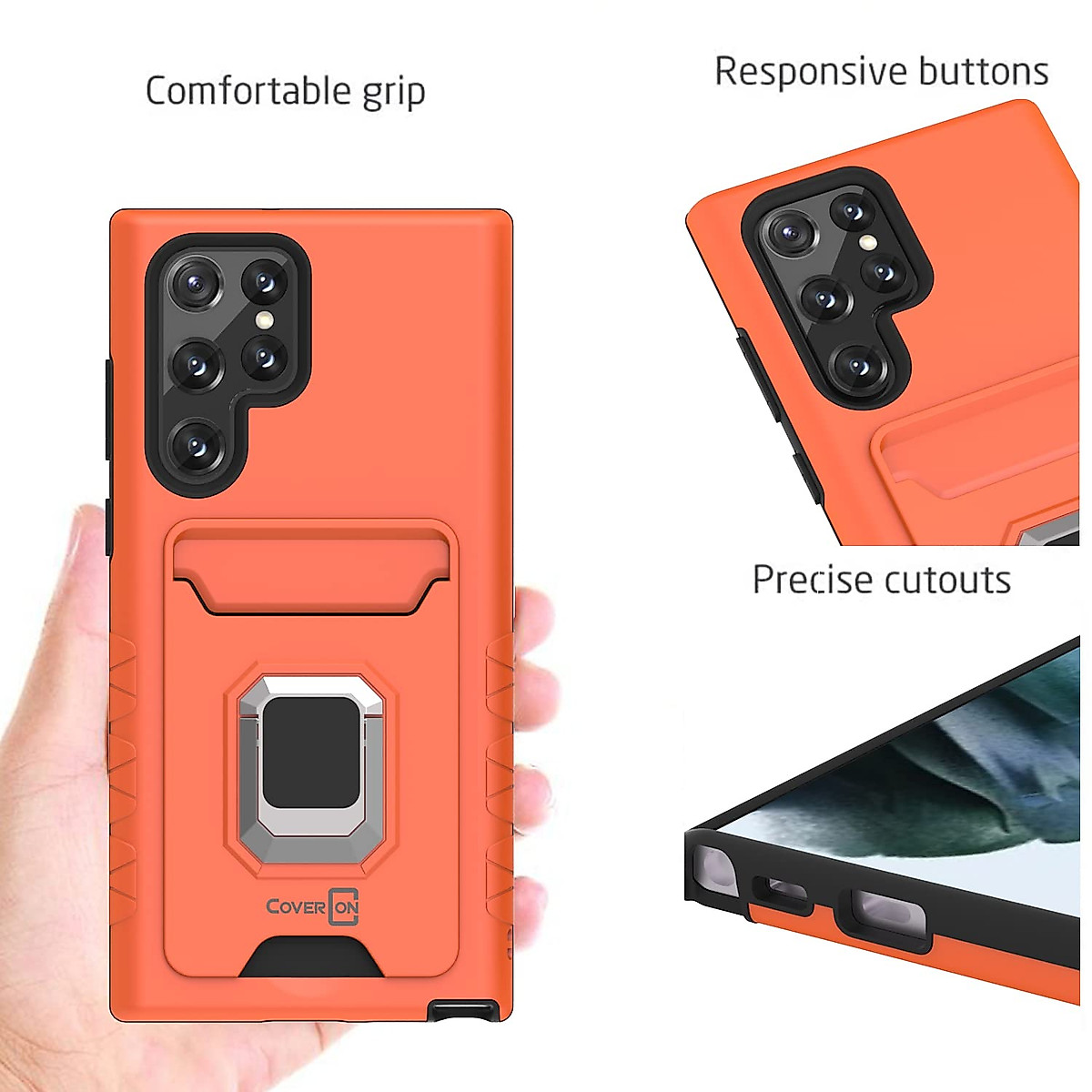 CoverON Designed for Samsung Galaxy S22 Ultra Case, Card Slot KickStand Ring Rugged Phone Cover - Orange