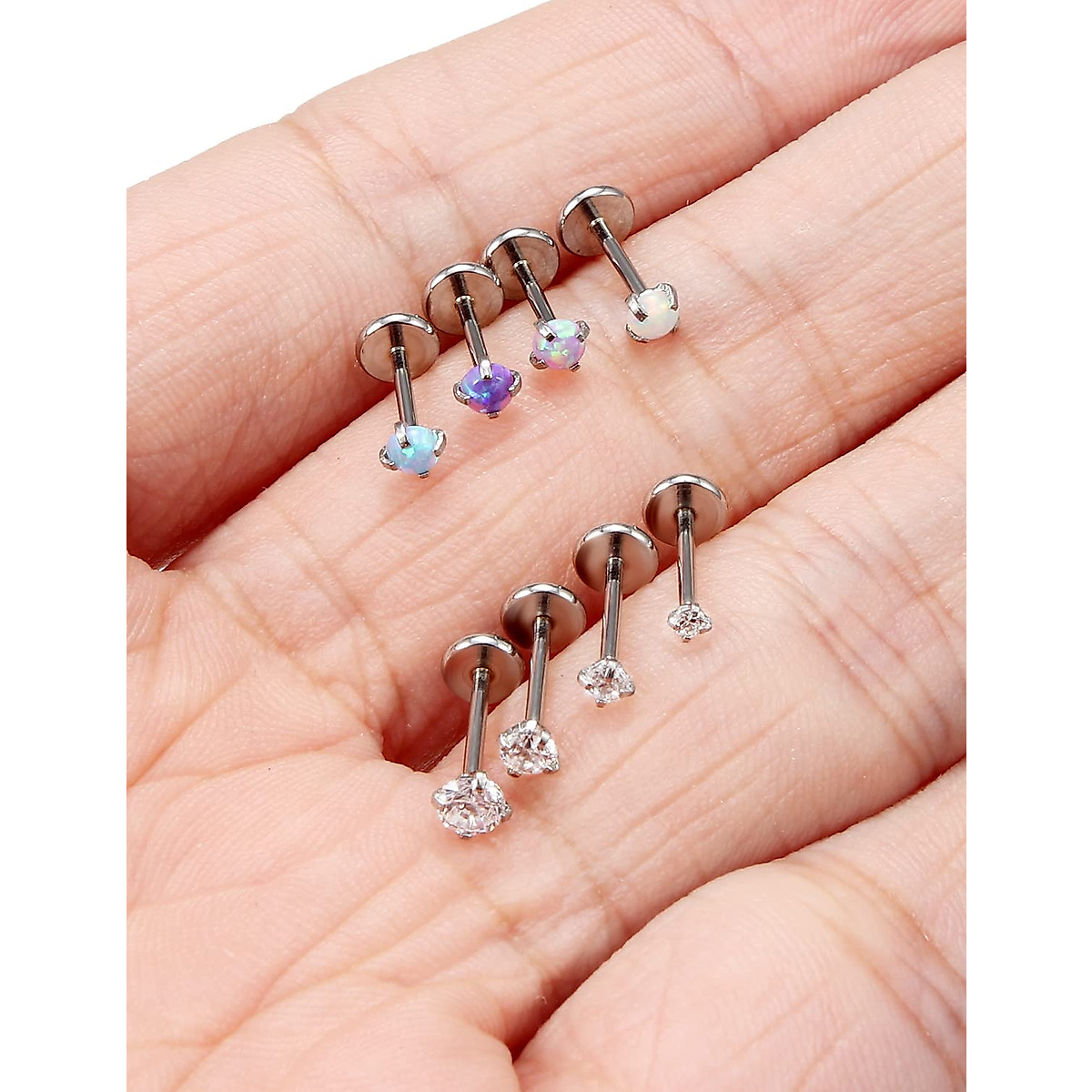 Oicctyzio 20g Threadless Flat Back Push Pin In Opal Nose Rings Studs for Women Men with Flatback 20 Gauge Cartilage Tragus Helix Piercing Jewelry Hypoallergenic Surgical Stainless Steel