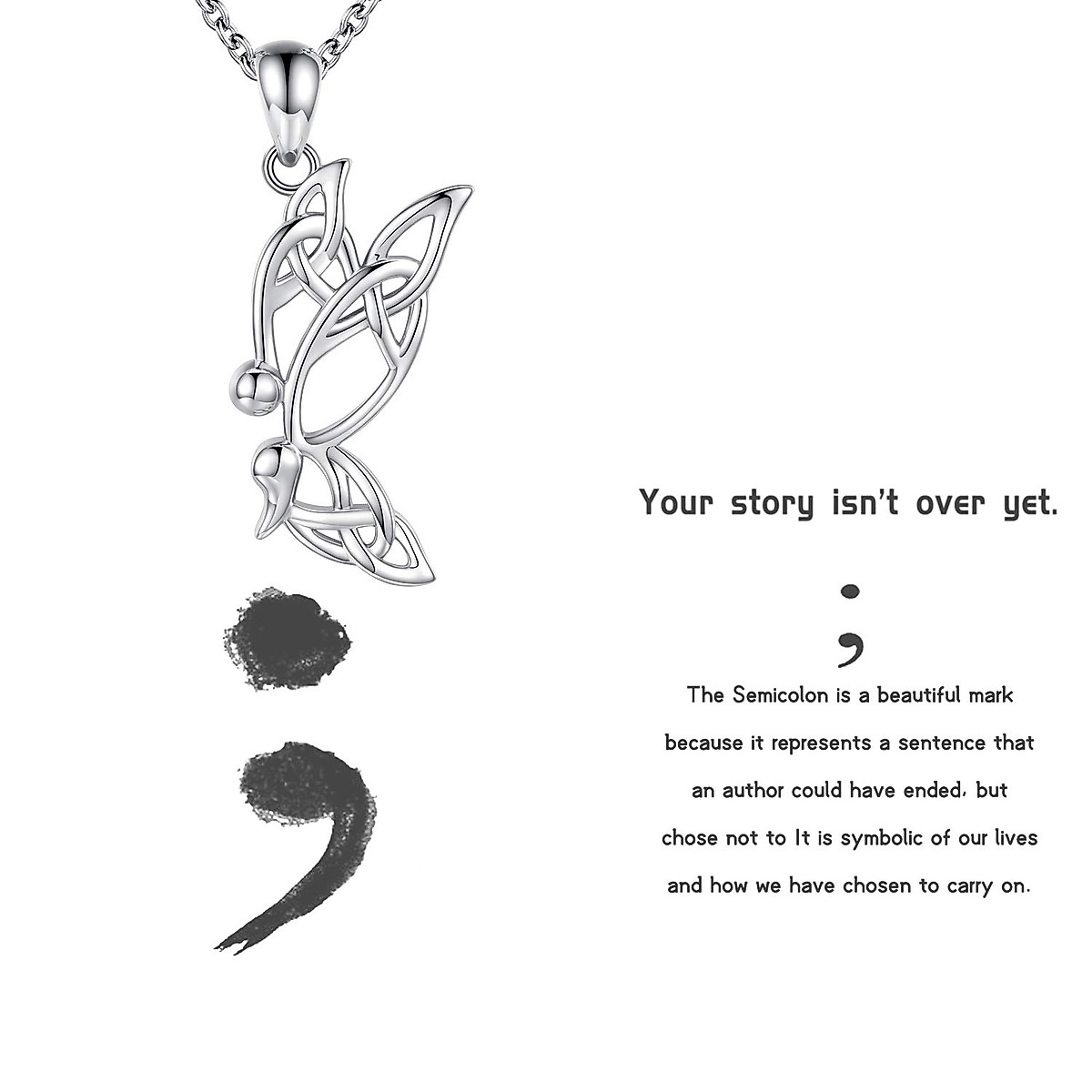 Semicolon Butterfly Necklace Survivor Encouragement Story Isnt Over Yet Struggle Depression Inspired Necklace 925 Silver Pendant Jewelry Gift for Women (Silver)