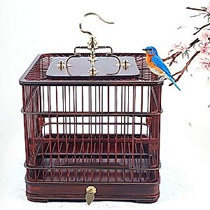 Retro Drawer Style Handmade Dark Red Hanging Type Wood Birdcage Bird Cage Lovebird House with Drawer, Suitable for Family Pet Bird Breeding