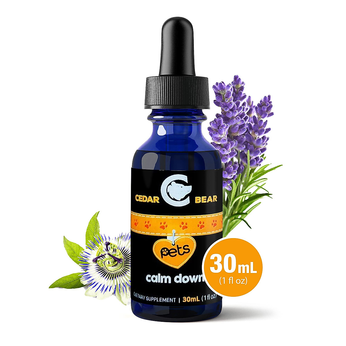 Cedar Bear - Pet’s Calm Down - All-Natural Dog Supplement for Stress Relief, Alcohol-Free Cat Calming Products, Also for Birds & Exotic Pets, 1 fl oz/30 ml