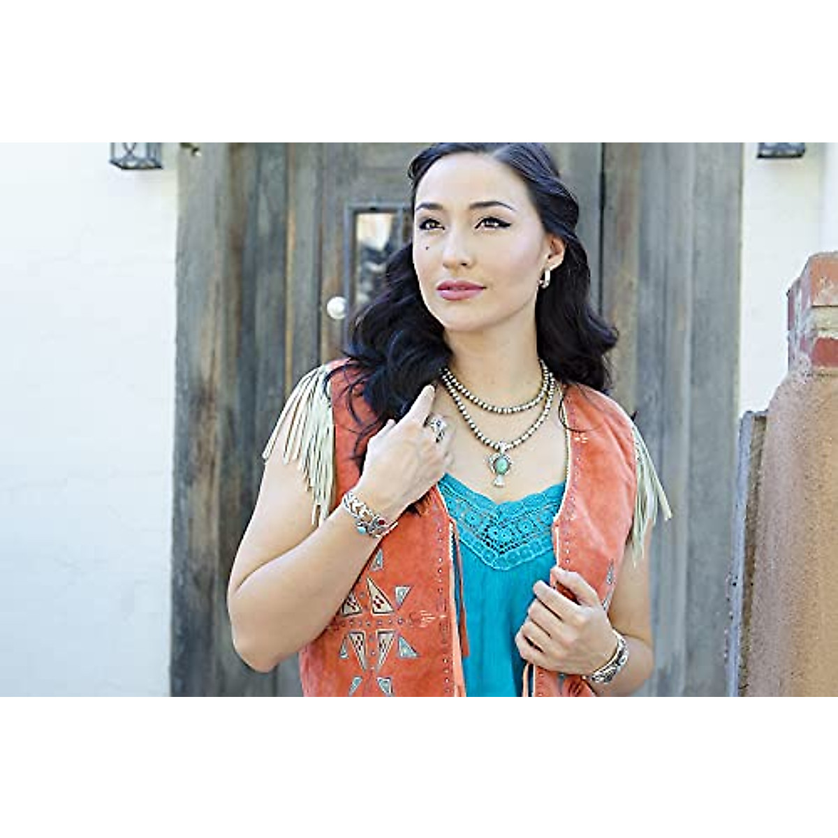 American West Jewelry Sterling Silver Women’s Pendant Enhancer Green Turquoise Gemstone Squash Blossom & Naja Crescent Moon Design