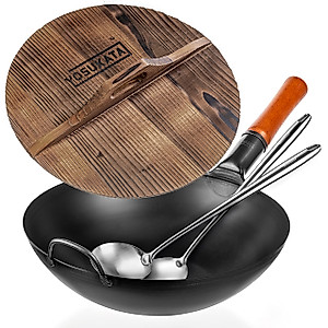 YOSUKATA Carbon Steel Wok Pan 13,5“ + 17’’ Wok Spatula and Ladle - Set of 2 Heat-Resistant Wok Tools + Premium Wok Cover 13,5 inch Pan Lid