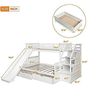 ATH-S Twin Over Full Bunk Bed with Slide, Twin Over Full Bunk Bed with Storage Drawers and Stairscase, Wood Bunk Bed Frame with Guardrails for Kids Boys Girls Teens Adults, No Box Spring Needed, White