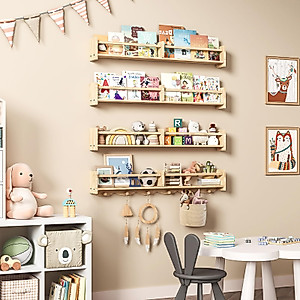 ECOOCE 34Inch Nursery Bookshelves,Set of 4,Wall Floating Shelf Kids Coat Rack with 6Hooks,Hanging Book Shelf for Baby Nursery Room Décor， Patent Number: 29958098(Burlywood, 34)