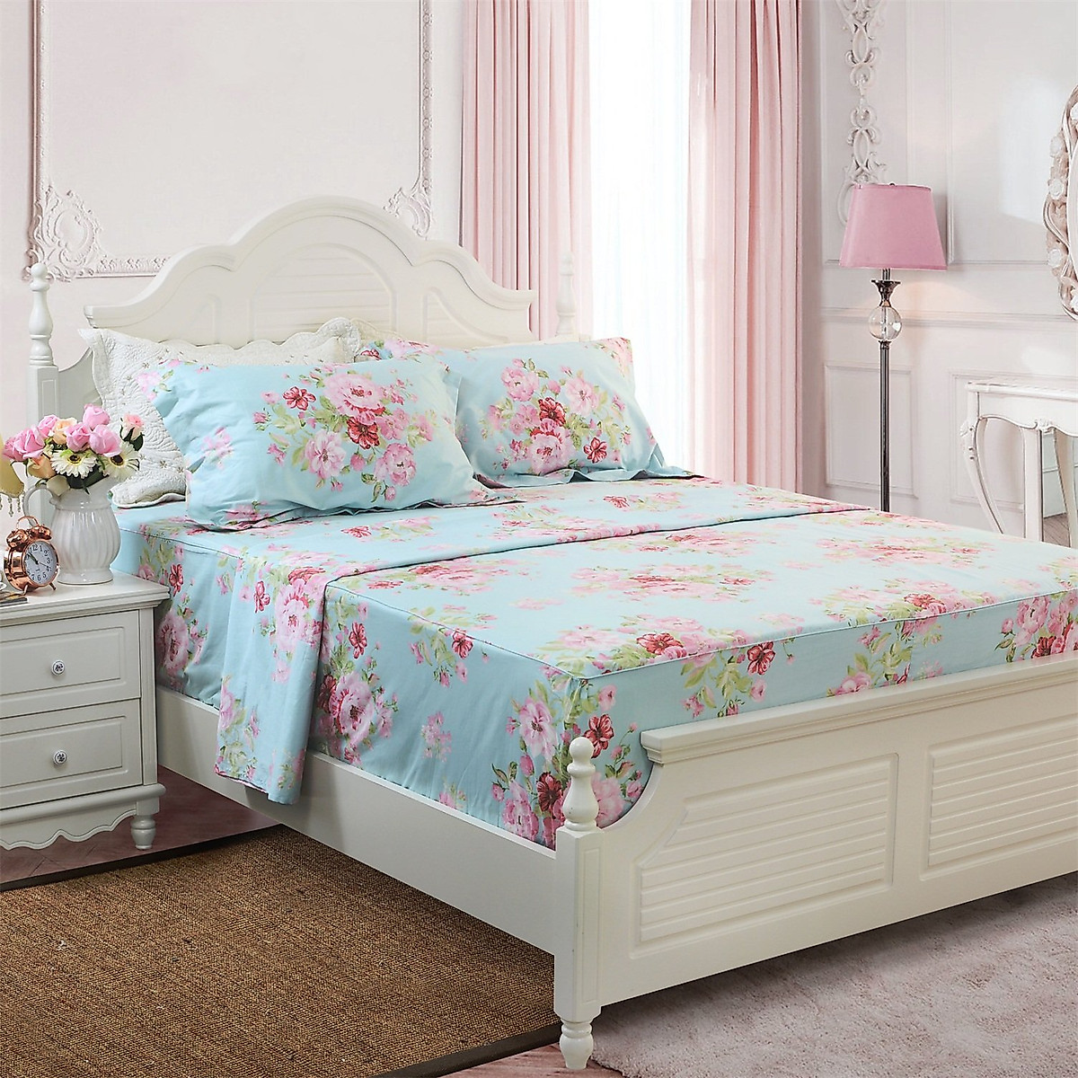 FADFAY Floral Twin XL Sheets 100% Combed Cotton Sheet Sets Pink Flowers Deep Pocket Fitted Sheets Girls Bedding Sets for All-Season (4Pcs, 1 Fitted Sheet, 1 Flat Sheet, 2 Pillowcases)