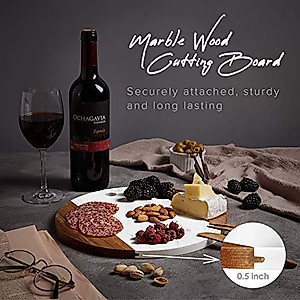 Marble Cheese Board with Acacia Accent 12" Round - Beautifully Handcrafted Charcuterie Board for Two - Round Cutting Board - Wonderful Housewarming Gift
