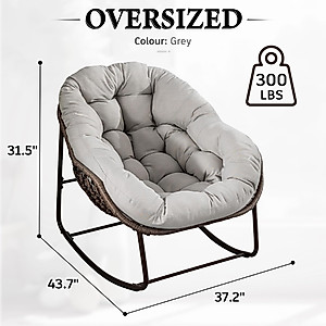 Large Indoor Outdoor Rocking Chair, Oversized Rocking Papasan Chair with Thick Cushion and Frame Outdoor Rocker, Comfy Wicker Egg Chairs Lounge for Outside Porch Patio Backyard Balcony (Beige)