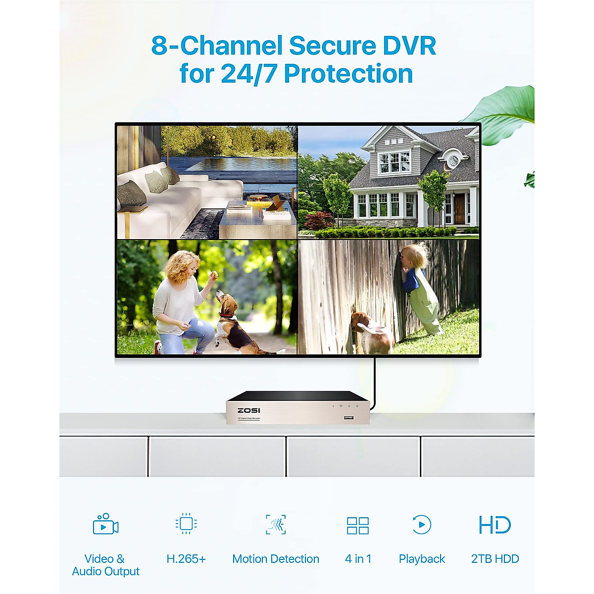 ZOSI H.265+ 8CH 4-in-1 5MP Lite Surveillance DVR Recorders Security System with 2TB Hard Drive for HD-TVI, CVI, CVBS, AHD 960H/720P/1080P/3MP/4MP/5MP CCTV Cameras, Motion Detection, Remote Viewing