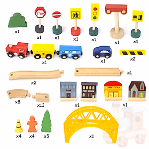 60Pcs Train Set for 3 Year Old Boys, Double-Side Wooden Train Set Tracks for Toddlers, Fits Brio, Thomas, Melissa and Doug, Kids Wood Train Toys for 3 4 5 Year Old Boys and Girls (Gray)