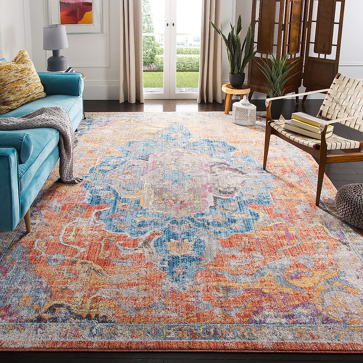 SAFAVIEH Bristol Collection Area Rug - 10' x 14', Blue & Orange, Boho Chic Medallion Distressed Design, Non-Shedding & Easy Care, Ideal for High Traffic Areas in Living Room, Bedroom (BTL350S)